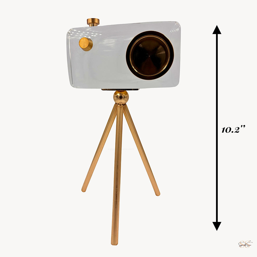 Luxury Crystal Camera Showpiece on Gold Tripod – Supper and Scene