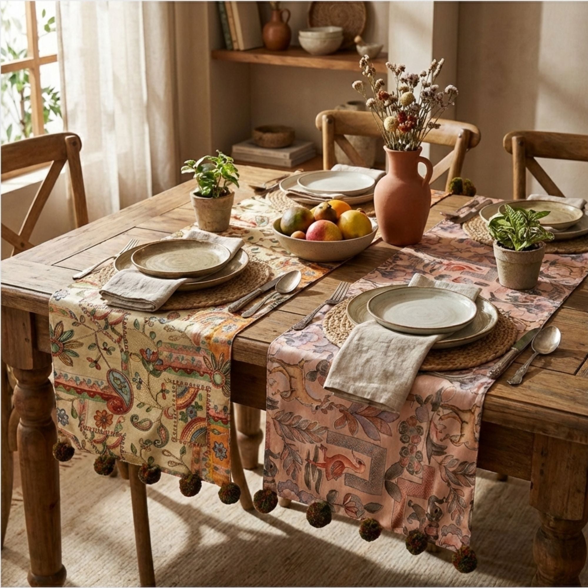 Pink/ Green Short Embroidery Ari Work Paisely Table Runner (12 × 36 in ...
